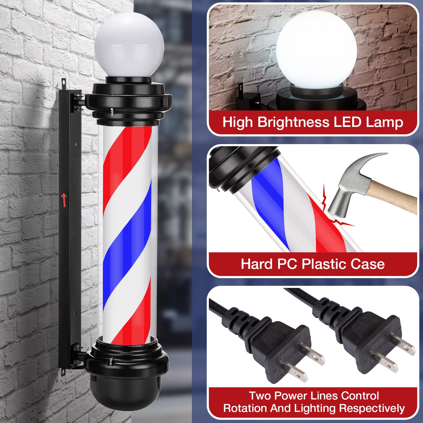 Noverlife 34in Barber Pole LED Sign, Barber Shop Pole Red Blue White Stripes Light, Classic Hair Salon Open Sign, Traditional Barbershop Ideas Wall Mount Rotating Light Waterproof Save Energy Lamp