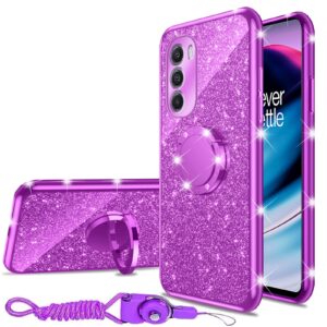 for moto g-stylus 5g 2022 case: (not 4g/g stylus 5g 2021) motorola phone case with ring kickstand lanyard strap shockproof protective cover girls women cute soft tpu glitter case - purple