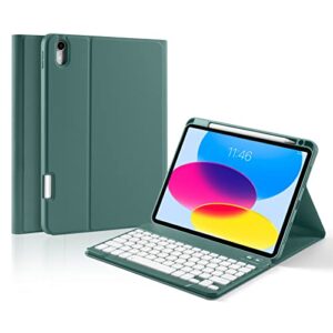 laetass keyboard case for ipad 10th generation 10.9 inch 2022 with upper pen slot,leather stand cover with built-in pencil holder, magnetic detachable wireless bluetooth keyboard. (green)