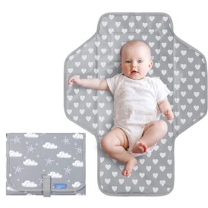 Baby Portable Changing Pad Travel - Waterproof Compact Diaper Changing Mat with Built-in Pillow - Lightweight & Foldable Changing Station, Newborn Shower Gifts (Clouds and Elephant)