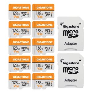 gigastone 128gb 10-pack micro sd card, 4k video pro, gopro, surveillance, security camera, action camera, drone, 95mb/s microsdxc memory card uhs-i v30 class 10, with 2 adapters