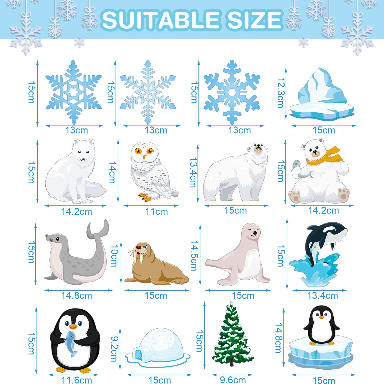 48 Pieces Winter Cutouts Christmas Classroom Bulletin Border Decoration with Glue Point Snowflake Penguin Snowman Cutouts for Winter Xmas Bulletin Board Classroom Home Office Decor (Animal)