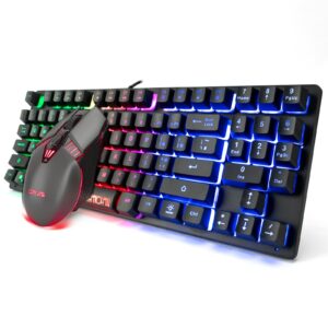 gaming led keyboard and mouse combo,compact 89 keys with numbric tenkeys pad,rainbow backlit,ergonomic mice 2 side-button usb wired 75% mechanical feel for computer pc laptop ps5 (compact layout)