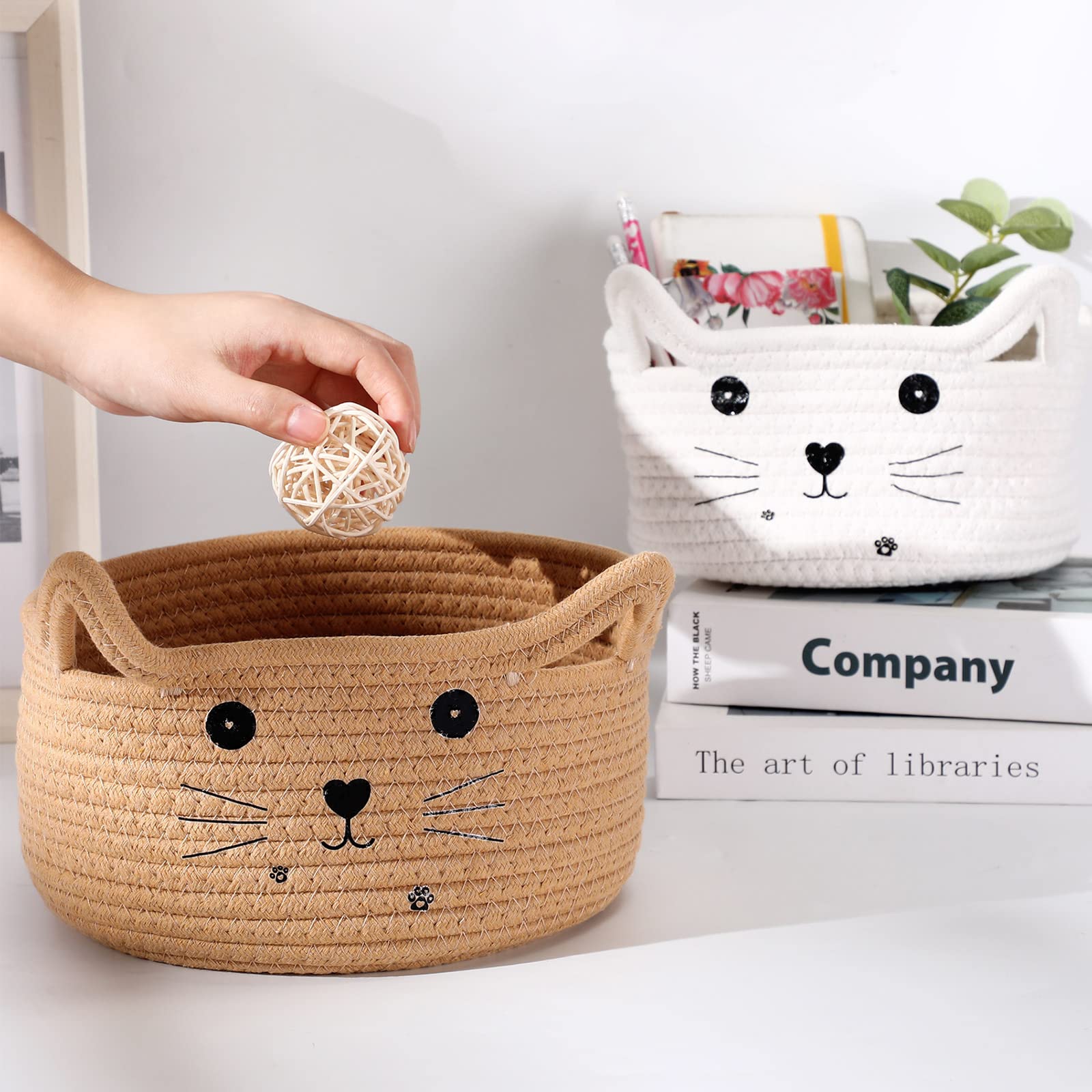 Zopeal Cat Basket Storage Woven Basket Organizer with Ears Decorative Pet Toy Cute Basket Cotton Rope Basket for Gift Cat Dog Toy Bin Nursery Room Kid (Khaki,8.3 x 4.7 Inch)