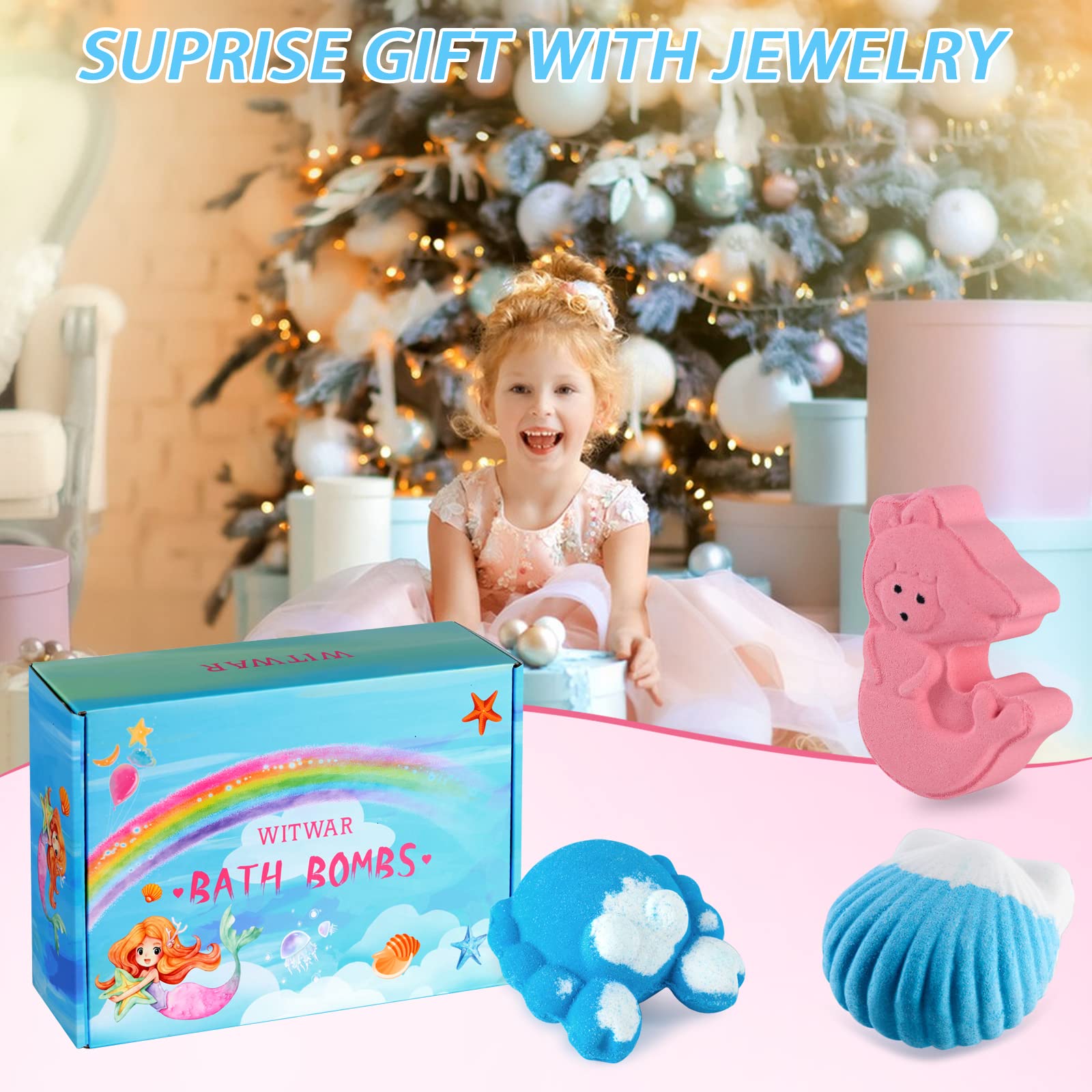 9PCS Bath Bombs for Kids Girls - Bubble Bathbombs Set with Jewelry Toys Gift Mermaid Organic Bath Bomb Gift Set Skin Moisturizing for Birthday Christmas New Year