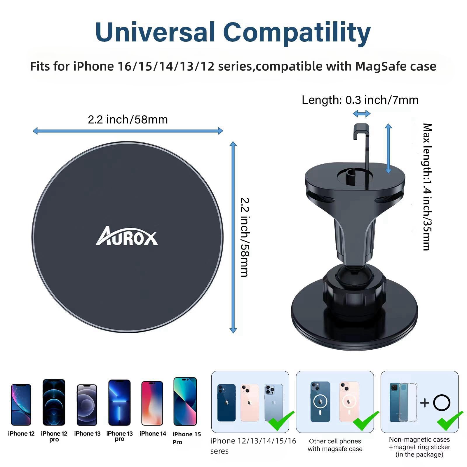 AUROX Phone Mount for Car Compatible for Magsafe Car Mount [Upgraded Vent Hook&Strong Magnets] 360° Adjustable Air Vent Cell Phone Holder Car for iPhone 16 15 14 13 12 Series & Most Smartphones (BLK)