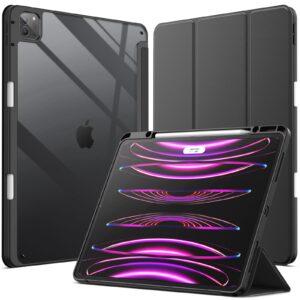 jetech case for ipad pro 12.9-inch (2022/2021/2020/2018) with pencil holder, clear transparent back shell slim stand shockproof tablet cover, auto wake/sleep (black)