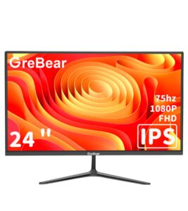 grebear 24 inch computer monitor 75hz fhd ips screen 1080p pc monitor, 5ms(gtg) 99% srgb low blue light anti-glare led desktop display hdmi/vga/audio/freesync/vesa tilt adjustable