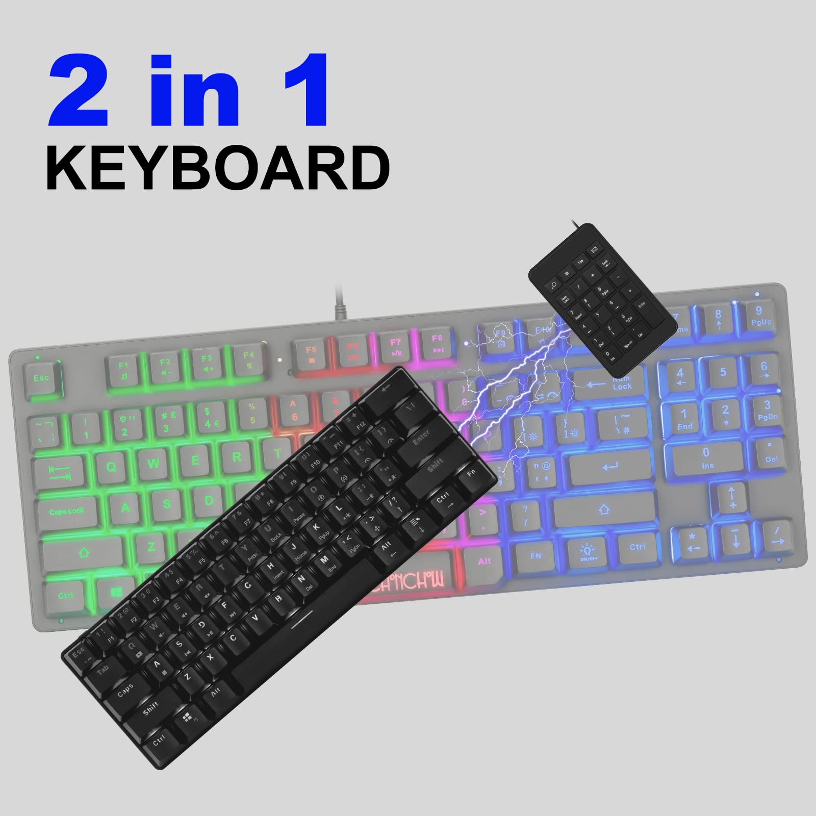 Gaming LED Keyboard and Mouse Combo,Compact 89 Keys with Numbric Tenkeys Pad,Rainbow Backlit,Ergonomic Mice 2 Side-Button USB Wired 75% Mechanical Feel for Computer PC Laptop PS5 (Compact Layout)