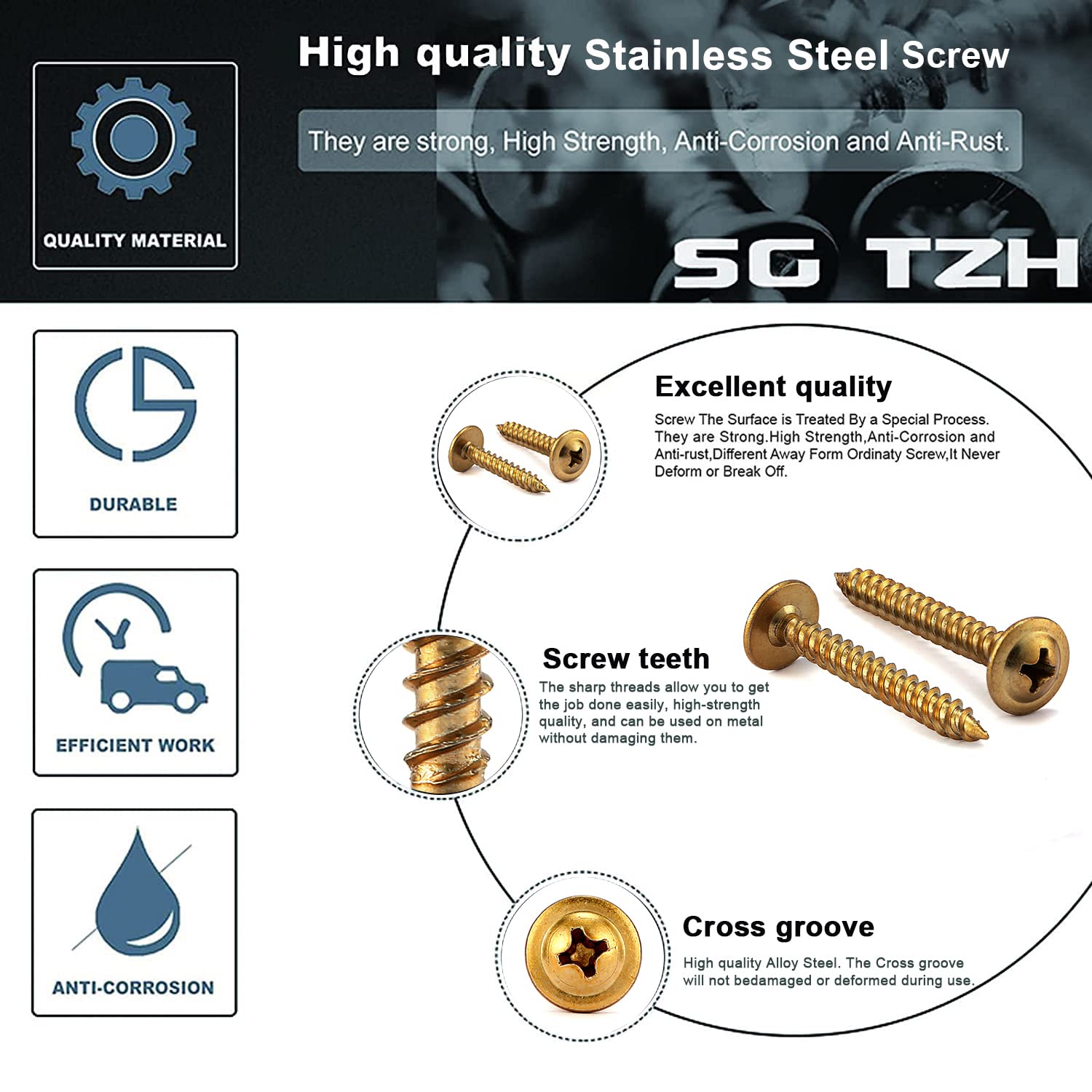 #8 x 1" Wood Screw 100Pcs Alloy Steel Standard Thread Truss Head Fast Self Tapping by SG TZH