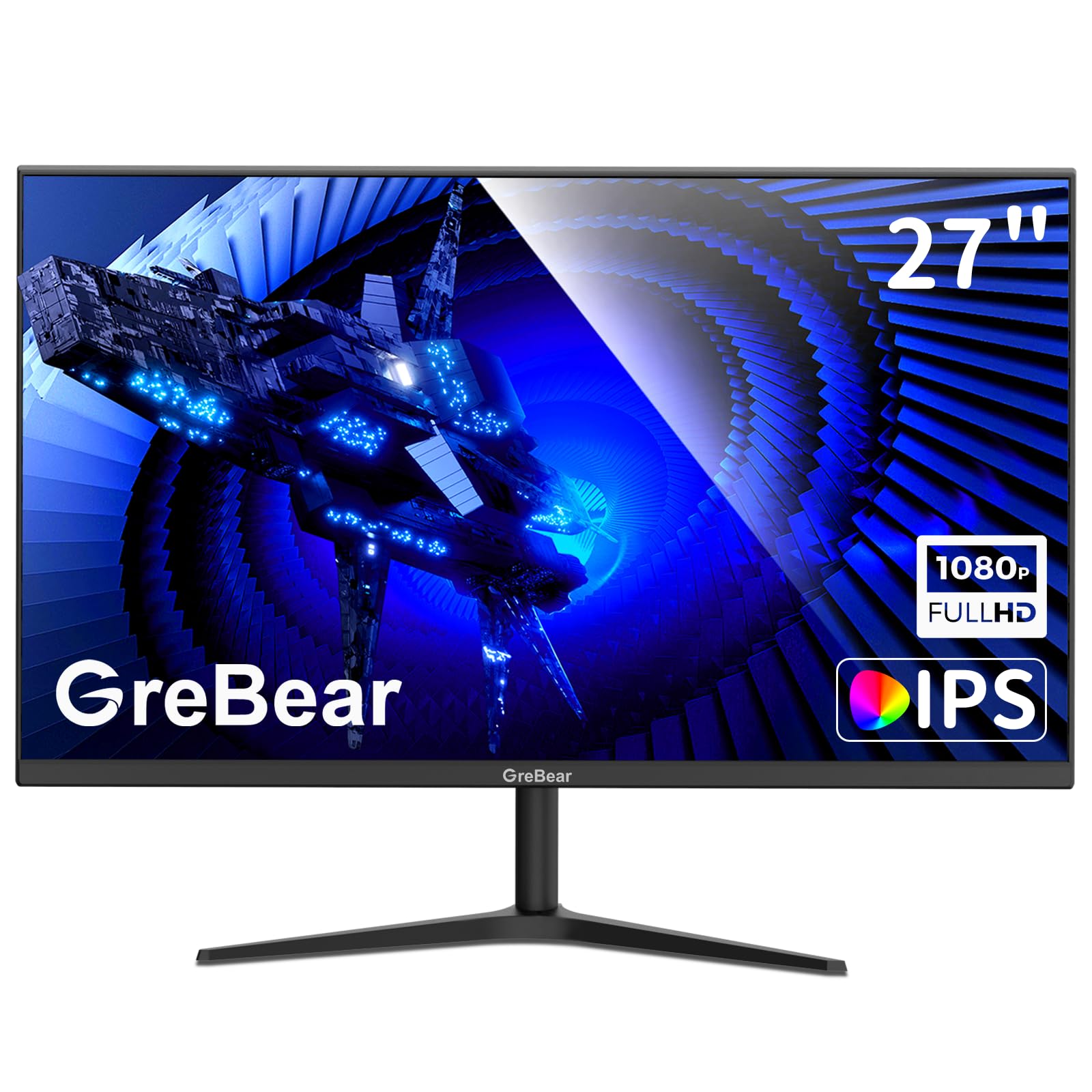 GreBear 27-inch Computer Monitor IPS Panel PC Monitors FHD 1080p 75Hz LED Display Home Office Desktop Screen, HDMI, VGA, Flicker-Free, Flicker Free, Blue Light Filter, 100x100 mm VESA Mountable