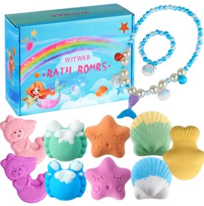 9pcs bath bombs for kids girls - bubble bathbombs set with jewelry toys gift mermaid organic bath bomb gift set skin moisturizing for birthday christmas new year