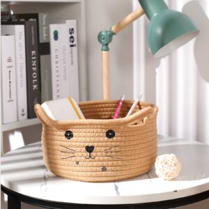 Zopeal Cat Basket Storage Woven Basket Organizer with Ears Decorative Pet Toy Cute Basket Cotton Rope Basket for Gift Cat Dog Toy Bin Nursery Room Kid (Khaki,8.3 x 4.7 Inch)