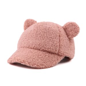 winter fleece baseball cap for baby girls warm toddler boys hat cute bear ears kids baseball hats (pink, 52)