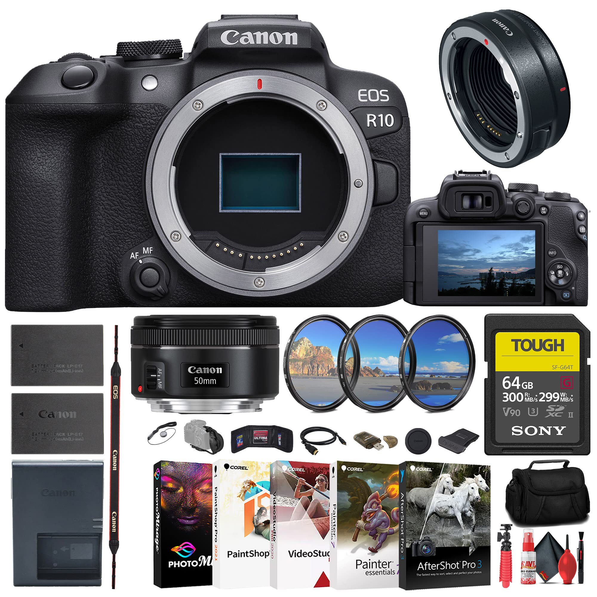 Canon EOS R10 Mirrorless Camera (5331C002) + Canon EF 50mm Lens (0570C002) + Canon Mount Adapter + Sony 64GB Tough SD Card + Filter Kit + Bag + Charger + LPE17 Battery + Card Reader + More (Renewed)