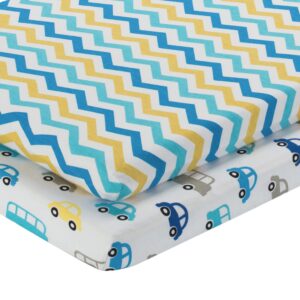 EVERYDAY KIDS 2 Pack Baby Cradle Sheets - Fitted Set for Baby Boy; 100% Cotton Jersey Knit, Breathable and Soft Cradle Mattress Pad Cover; Blue, Yellow, Gray Cars and Buses Sheet and Chevron Art Sheet