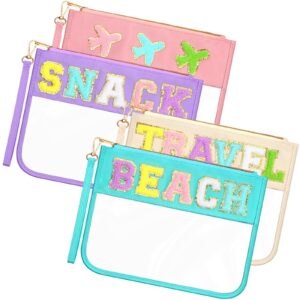 remerry 4 pack chenille letter bag clear monogram cosmetic makeup bag travel snack beach stuff patch pouch preppy gifts for women girls(pink, beige, purple, blue, novel)