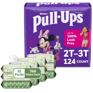 pull-ups girls training pants & wipes bundle: pull-ups training pants for girls size 2t-3t, 124ct & huggies natural care sensitive wipes, unscented, 12 packs (768 wipes total) (packaging may vary)