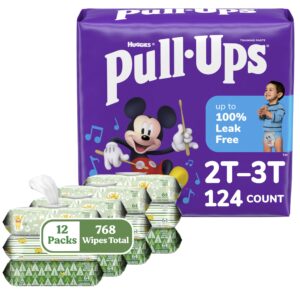 pull-ups boys training pants & wipes bundle: pull-ups training pants for boys size 2t-3t, 124ct & huggies natural care sensitive wipes, unscented, 12 packs (768 wipes total) (packaging may vary)