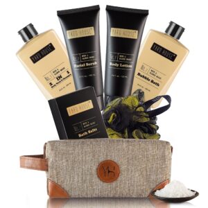 yard house mens bath and body gift set - musk and blonde woods - luxury fathers day gifts from daughter, wife, son for dad, husband - relaxing spa kit for him in toiletry bag w. full size items