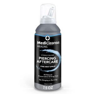 medicleanse sterile saline piercing aftercare fine mist spray, 7.5 ounce, all natural, no alcohol, vegan friendly, for piercings and tattoos, made in usa