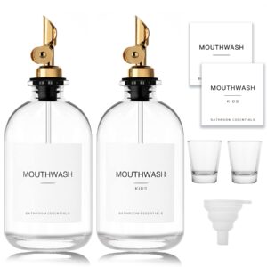 homefeel mouthwash dispenser for bathroom, 12.7 oz, 2 pack - glass mouthwash bottle with 304 stainless steel spout & minimalist labels, style mouthwash container, gold