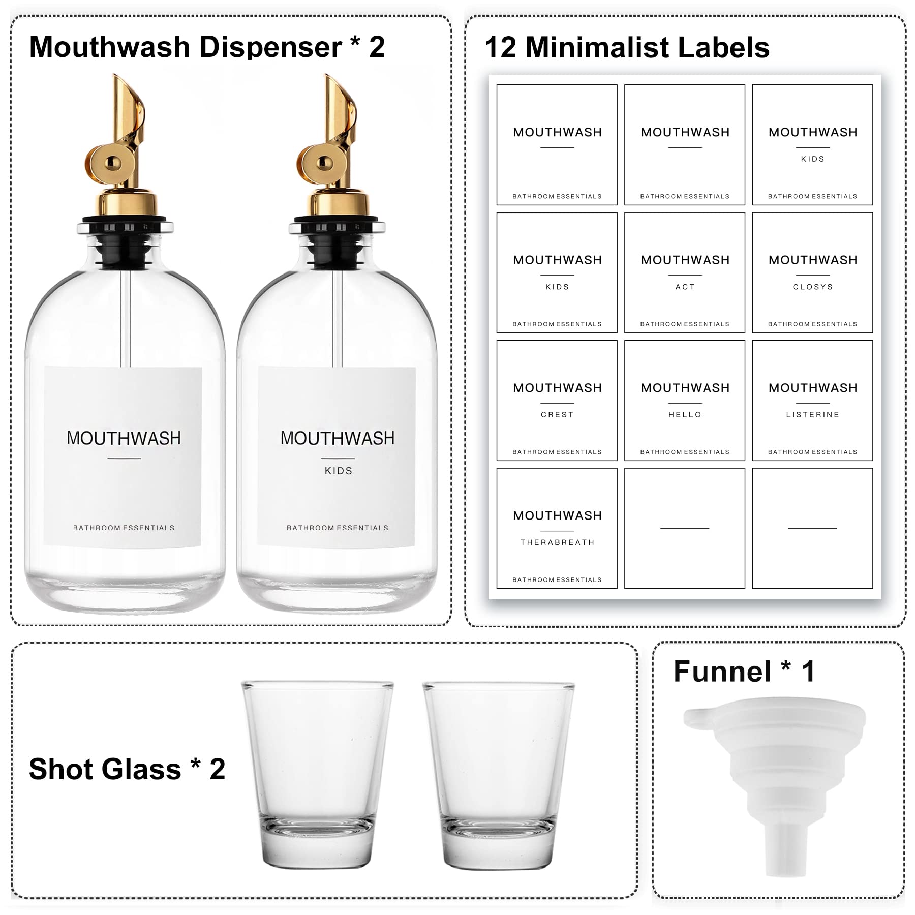 HomeFeel Mouthwash Dispenser for Bathroom, 12.7 oz, 2 Pack - Glass Mouthwash Bottle with 304 Stainless Steel Spout & Minimalist Labels, Style Mouthwash Container, Gold