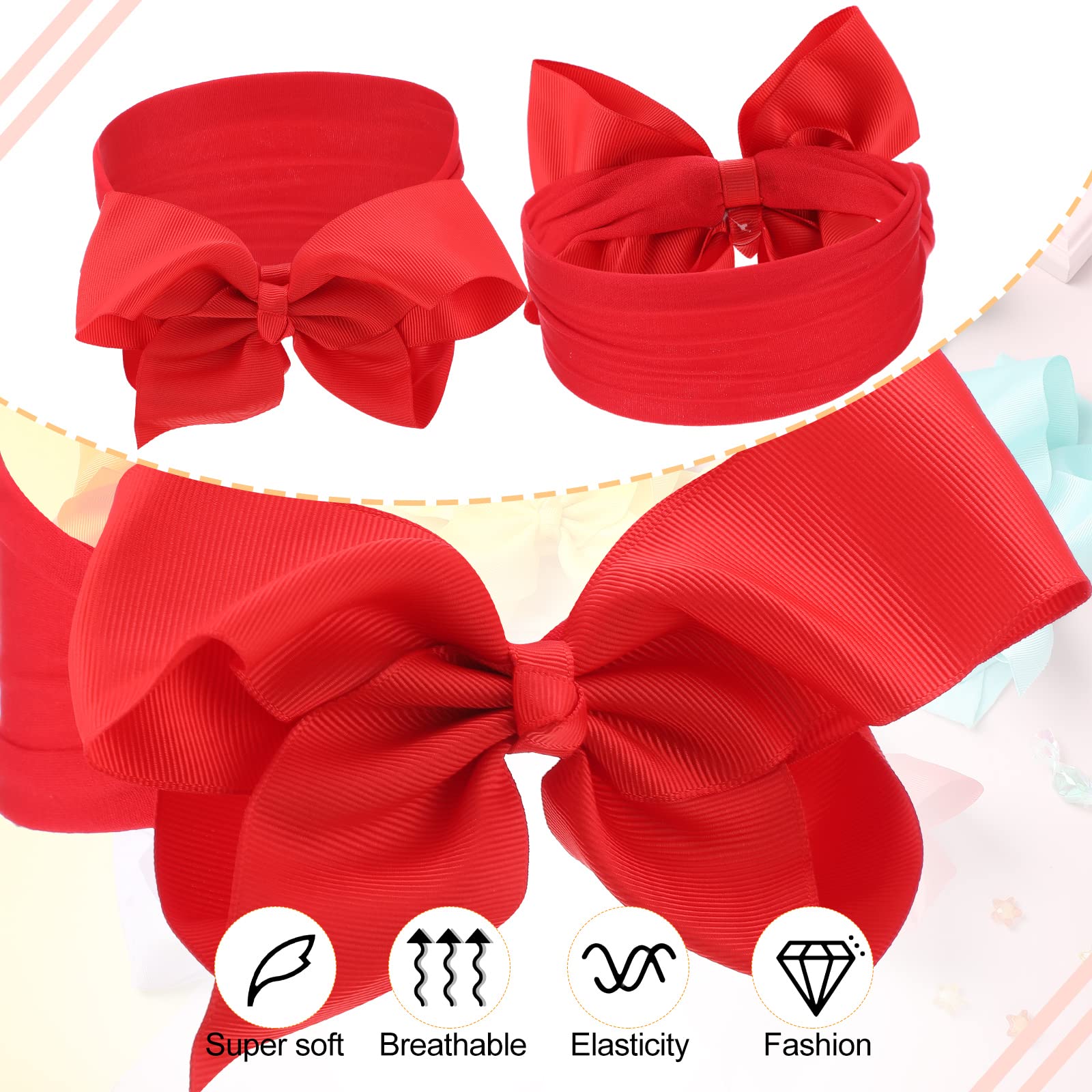 Hoteam 50 Pcs Baby Girls Large Bows Headbands 6.3 Inch Soft Wide Turban Baby Headbands Elastic Nylon Hairbands Hair Accessories for Infants Newborns Infants Toddlers Kids