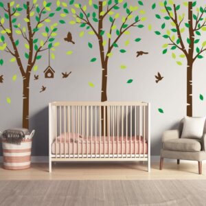 128 x 82inch Giant Jungle Forest Tree Wall Decals Birds Wall Stickers Green Leaves Wall Murals Decor for Kids Bedroom Nursery Living Room Office Home Decoration (Brown)