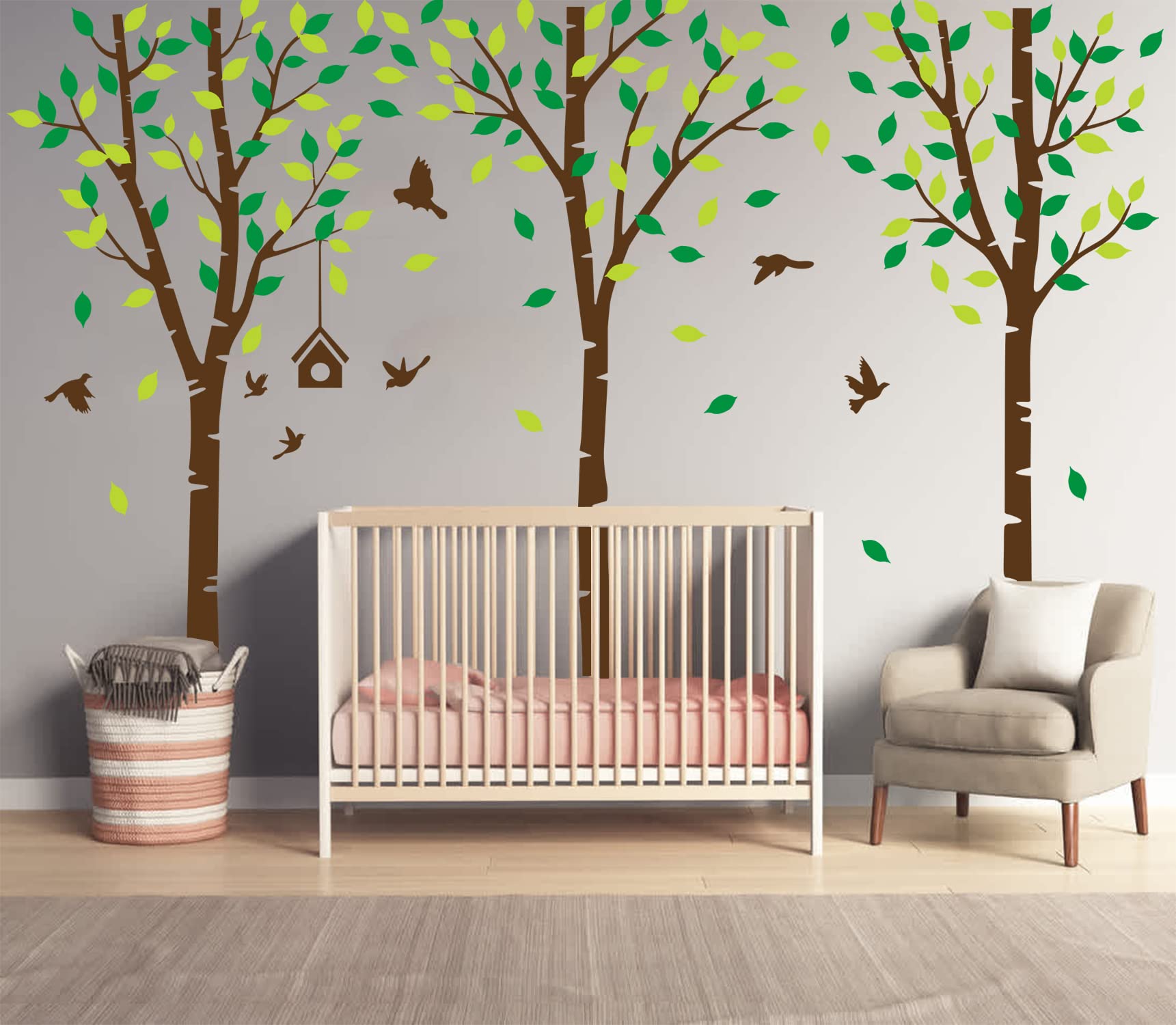 128 x 82inch Giant Jungle Forest Tree Wall Decals Birds Wall Stickers Green Leaves Wall Murals Decor for Kids Bedroom Nursery Living Room Office Home Decoration (Brown)