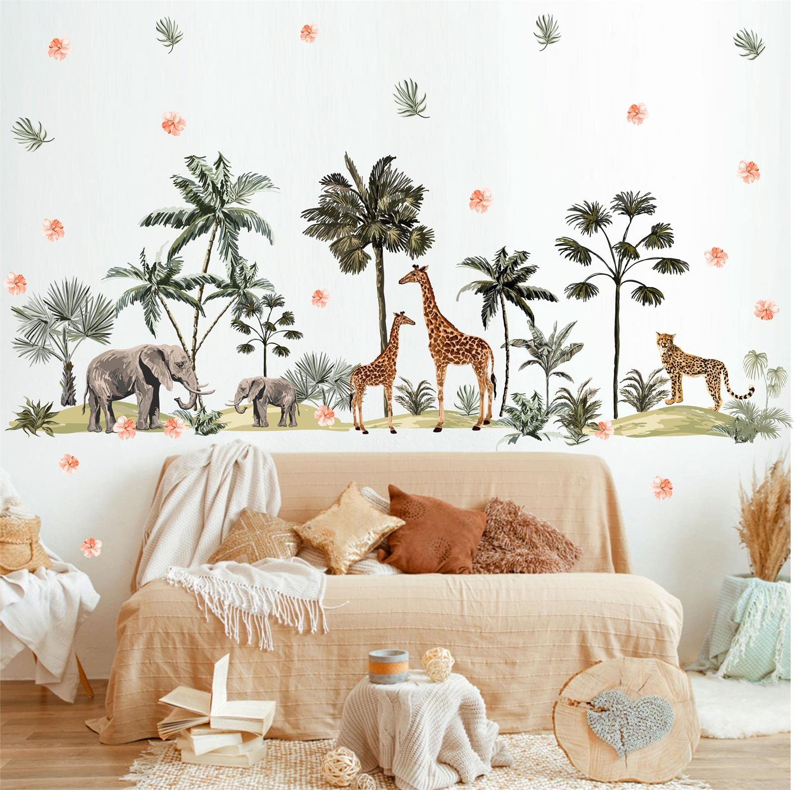 Jungle Animal Wall Decals Safari Animal Wall Stickers Peel and Stick Wild Animal Wall Decals Large Jungle Tree Animal Wall Stickers for Kids Bedroom Woodland Nursery Decor