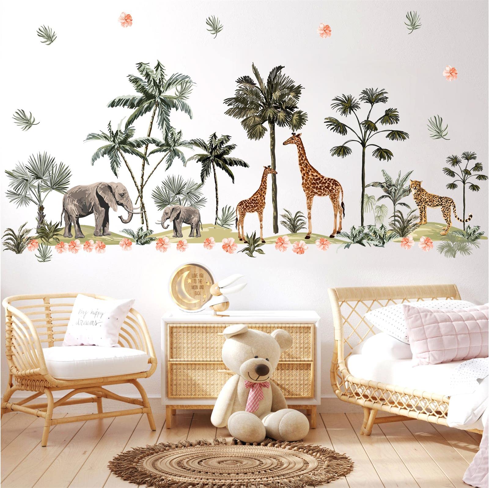 Jungle Animal Wall Decals Safari Animal Wall Stickers Peel and Stick Wild Animal Wall Decals Large Jungle Tree Animal Wall Stickers for Kids Bedroom Woodland Nursery Decor