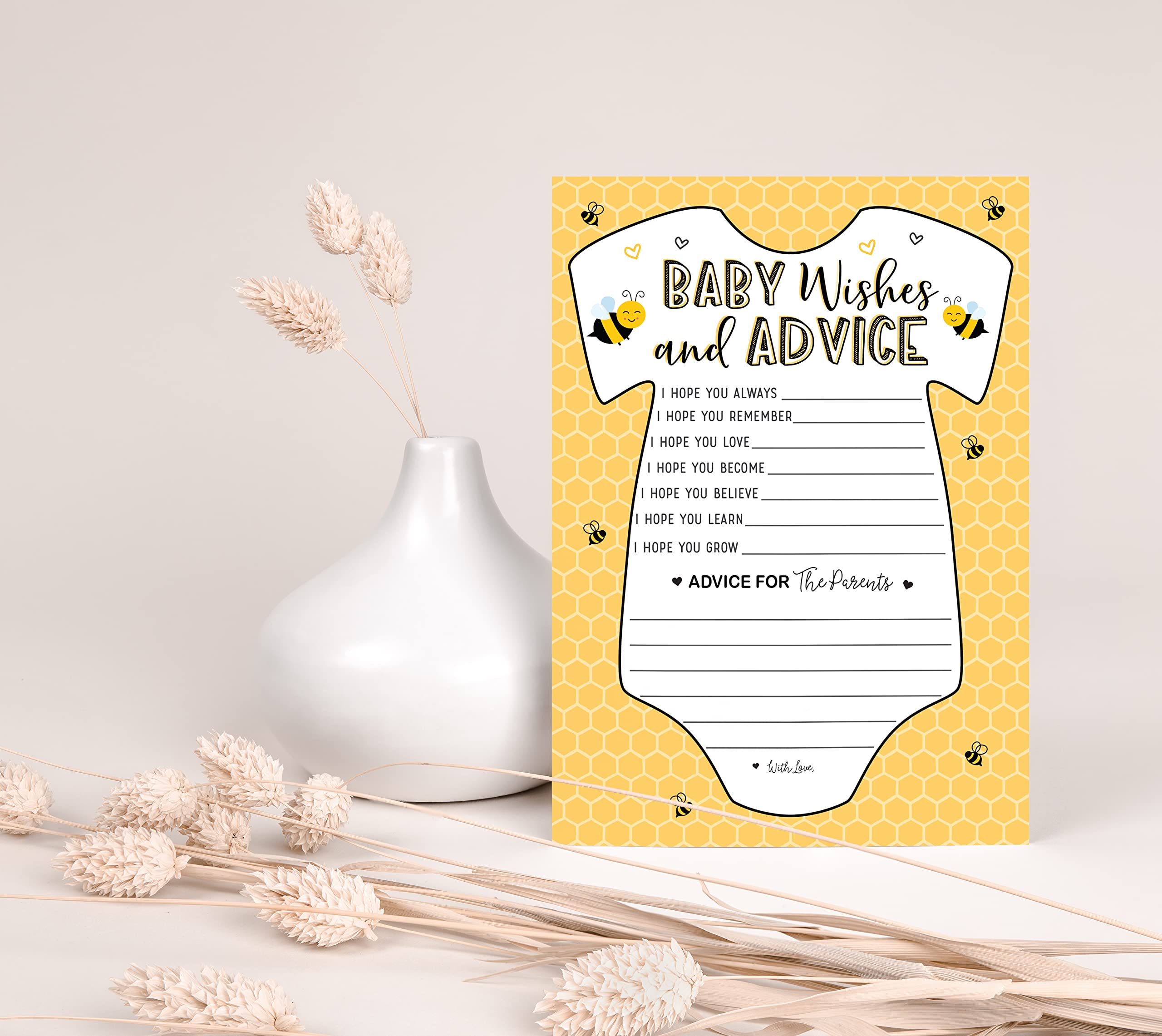 Your Main Event Prints Baby Shower Games Advice, Wishes, and Prediction Cards (Neutral Bee Yellow) - 50 Pack Gender-Neutral Baby Shower Activity for Guests