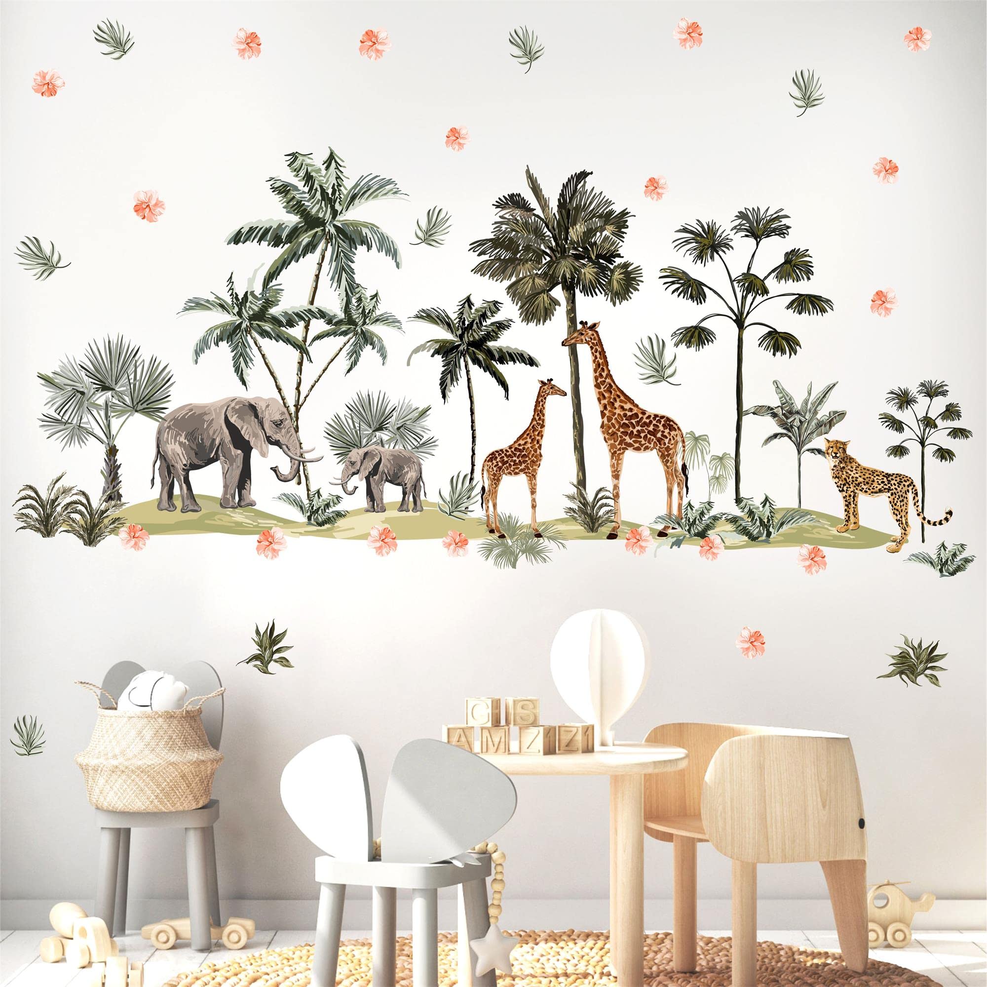 Jungle Animal Wall Decals Safari Animal Wall Stickers Peel and Stick Wild Animal Wall Decals Large Jungle Tree Animal Wall Stickers for Kids Bedroom Woodland Nursery Decor