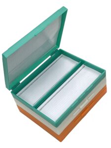 muhwa 100-place plastic microscope slides storage box, 3 packs microscope glass slide box, assorted color, green, orange, white