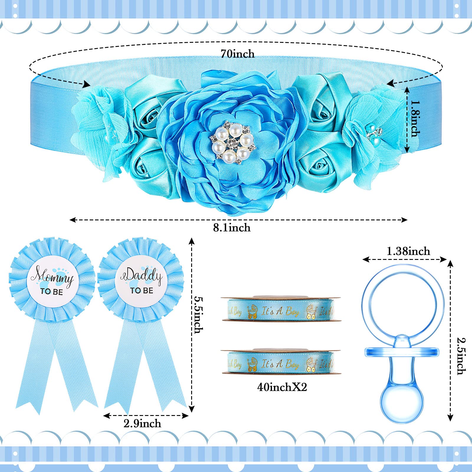 53 Pcs Baby Shower Favors for Boy Maternity Flower Sash Belt Blue Large Acrylic Pacifier Mom to Be Dad to Be Badge Pin It's a Boy Ribbon for Boy Baby Shower Gender Reveal Pregnancy Wedding