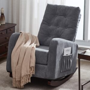 dolonm rocking chair modern glider chair for baby nursery upholstered velvet rocker tufted button high back accent armchair for living room, bedroom, office (antique gray)