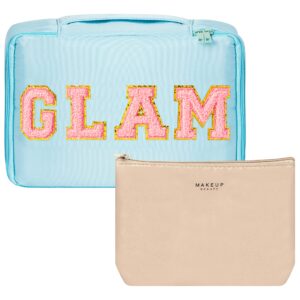 preppy patch glam makeup bag cosmetic bag travel toiletry bag large brush bags case multifunction organizer make up bag reusable toiletry bag(blue)