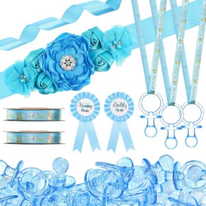 53 pcs baby shower favors for boy maternity flower sash belt blue large acrylic pacifier mom to be dad to be badge pin it's a boy ribbon for boy baby shower gender reveal pregnancy wedding