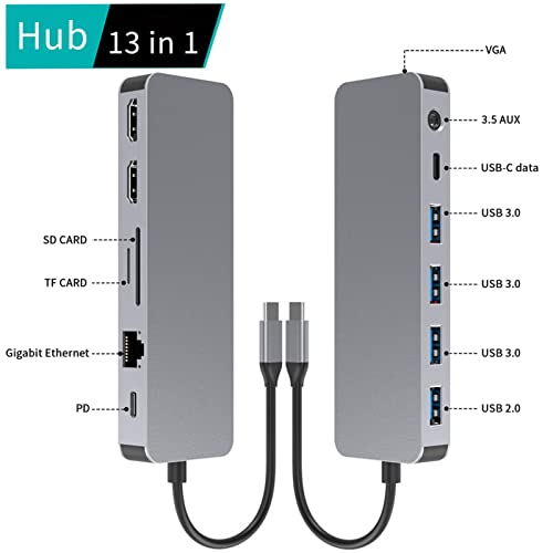 13 in 1 USB C Hub Multiport Adapter, with HDMI, 4K VGA Port, 100W Power Delivery, 3 USB 3.0 5Gbps, SD TF Card, PD Charging Port Docking Station