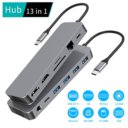 13 in 1 USB C Hub Multiport Adapter, with HDMI, 4K VGA Port, 100W Power Delivery, 3 USB 3.0 5Gbps, SD TF Card, PD Charging Port Docking Station