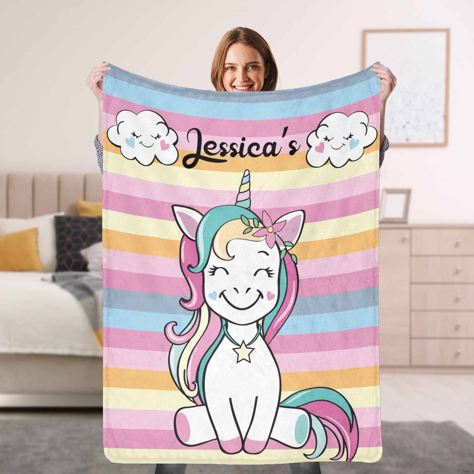 Personalized Fleece Throw Blanket for Kids Teens Boys Girls Baby Custom Name Magical Rainbow Blanket Newborn Infant Toddler Birthday Gift Super Soft 40"x50"