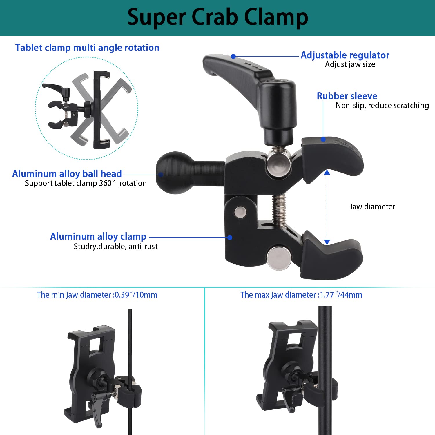 Mippko Boat Helm Tablet Holder, Marine Boat Handle Bar Pole Mount, 360°Rotation Clamp Non-Slip Aluminum Alloy Mount,Compatible with 4.7~12.9" iPad/Nexus/LG G Pads/e-Reader/iPhone