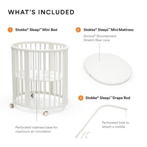 Stokke Sleepi Mini Bundle, White - Includes Crib/Bed, Mattress & Drape Rod - Suitable for Ages 0-5 Years Old - Adjustable & Stylish