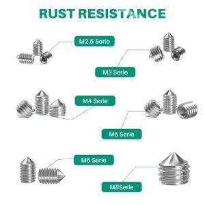 AJUER 320PCS Metric M2.5/3/4/5/6/8 304 Stainless Steel Allen Head Hex Socket Cone Point Set Screws,Internal Hex Drive Grub Screws,Tip Point Headless Set Screw Assortment Kit for Door Handle,Bathroom