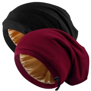 2 pcs adjustable silk satin bonnet hair wrap for sleeping - silk lined slouchy with adjustable strap - night caps for women and men with curly hair - head scarf