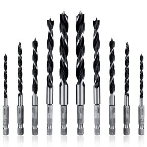 mesee 10 pieces hss brad point twist drill bits, 1/4 inch hex shank quick change twist drill bits set for woodworking dowel drilling - 4mm/ 5mm/ 6mm/ 8mm/ 10mm