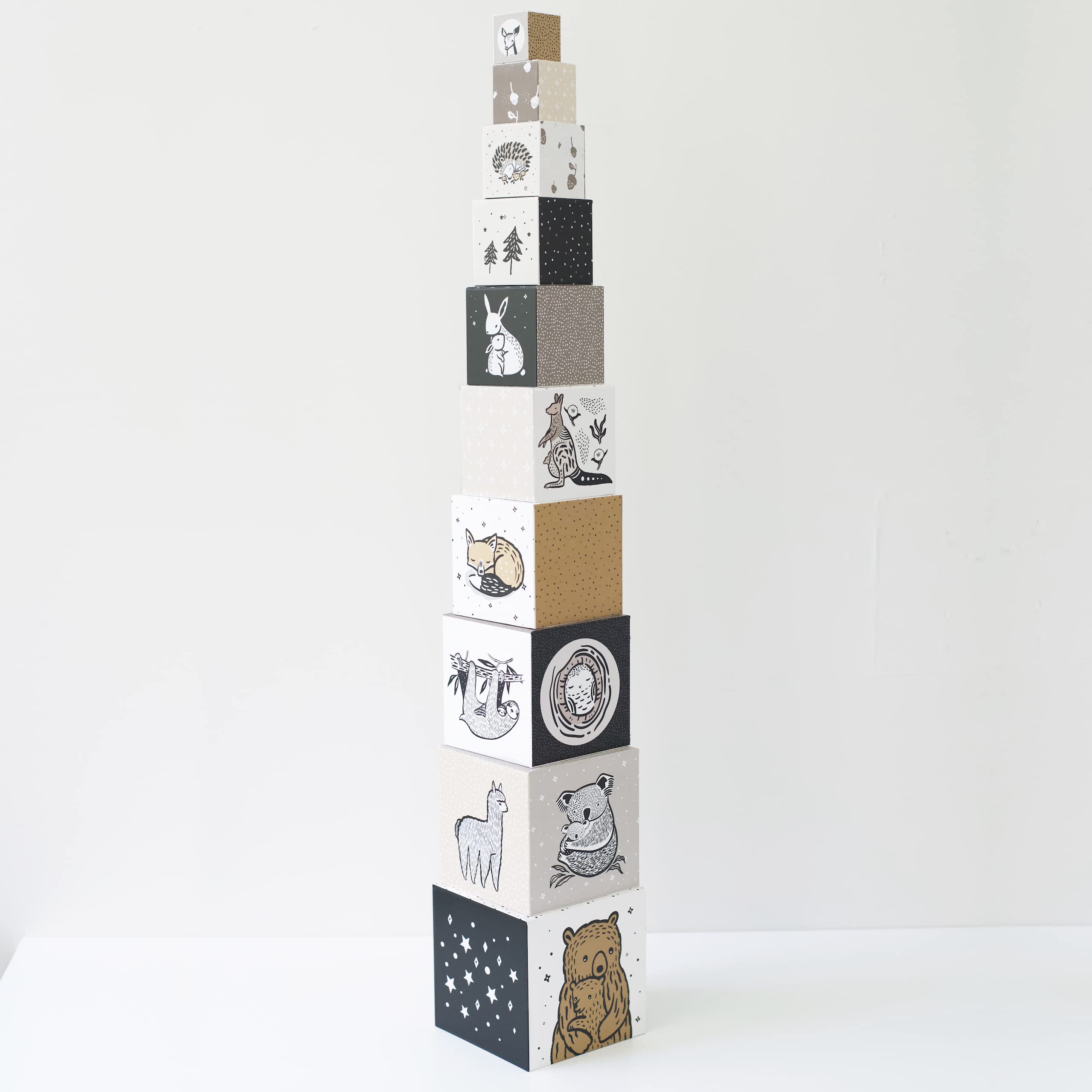 Wee Gallery Nesting Blocks - Baby Animals and Numbers - Black and White Stacking and Building Toy for Toddlers and Kids - Motor Skills, Creative Play and Problem Solving for Children (Ages 2 and up)