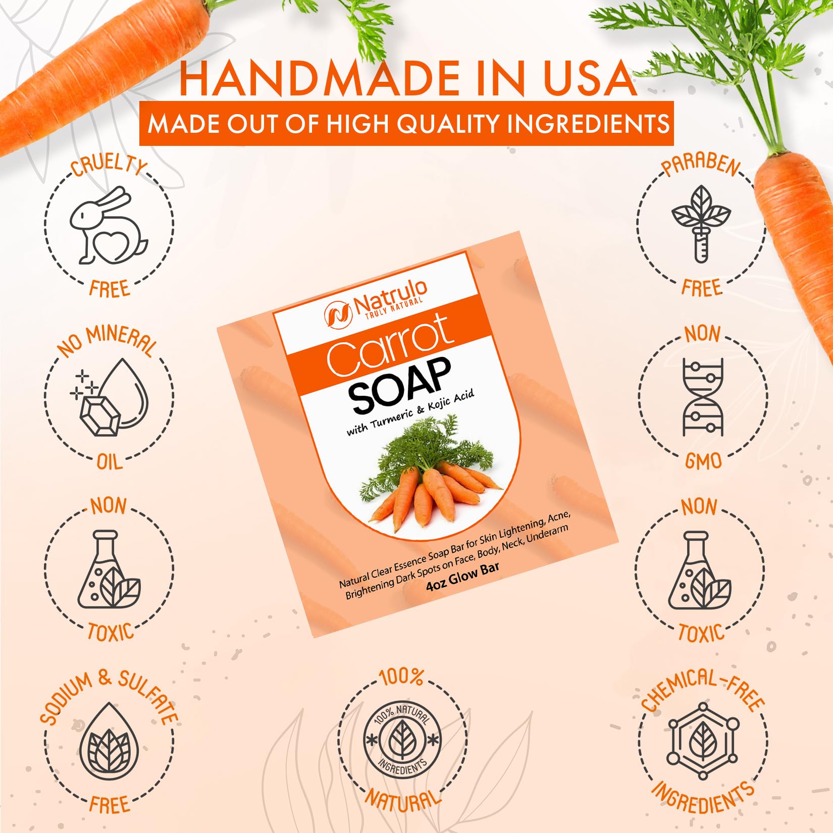 Carrot Soap for Skin Brightening – Natural Carrot Soap Bar for Spots on Face, Body, Neck, Underarm – Carotene Reduces Acne, Brightens Spots, & Evens Skin Tone – Kojic Acid Glow Bar Made in USA