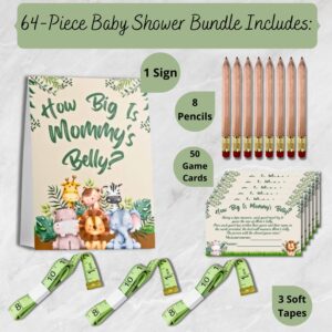 WillaBees Measure Mommys Belly Baby Shower Game How Big is Moms Belly? Game 62 Piece Safari Theme Baby Shower Bundle Include Sign 50 Playing Cards 8 Pencils 3 Baby Measuring Tape Baby Sprinkle